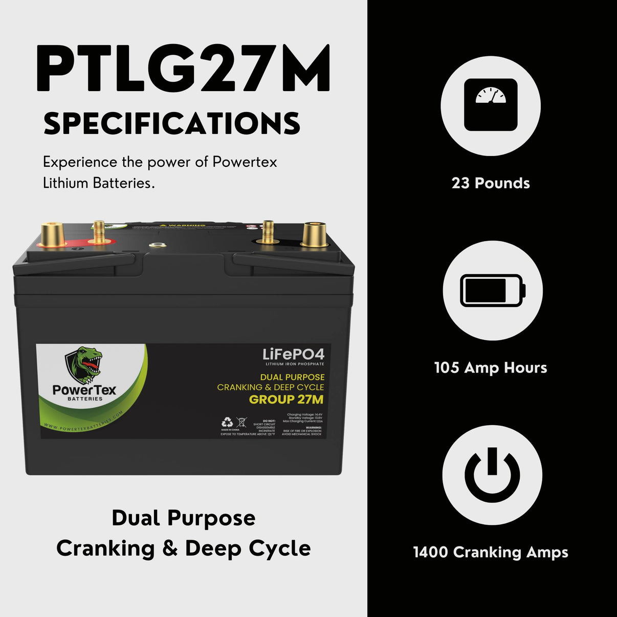 PowerTex Batteries BCI Group 27M Dual Purpose Lithium Deep Cycle & Cra