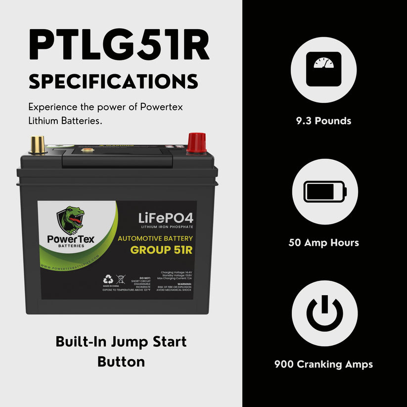 PowerTex Batteries BCI Group 51R Lithium LiFePO4 Automotive Battery
